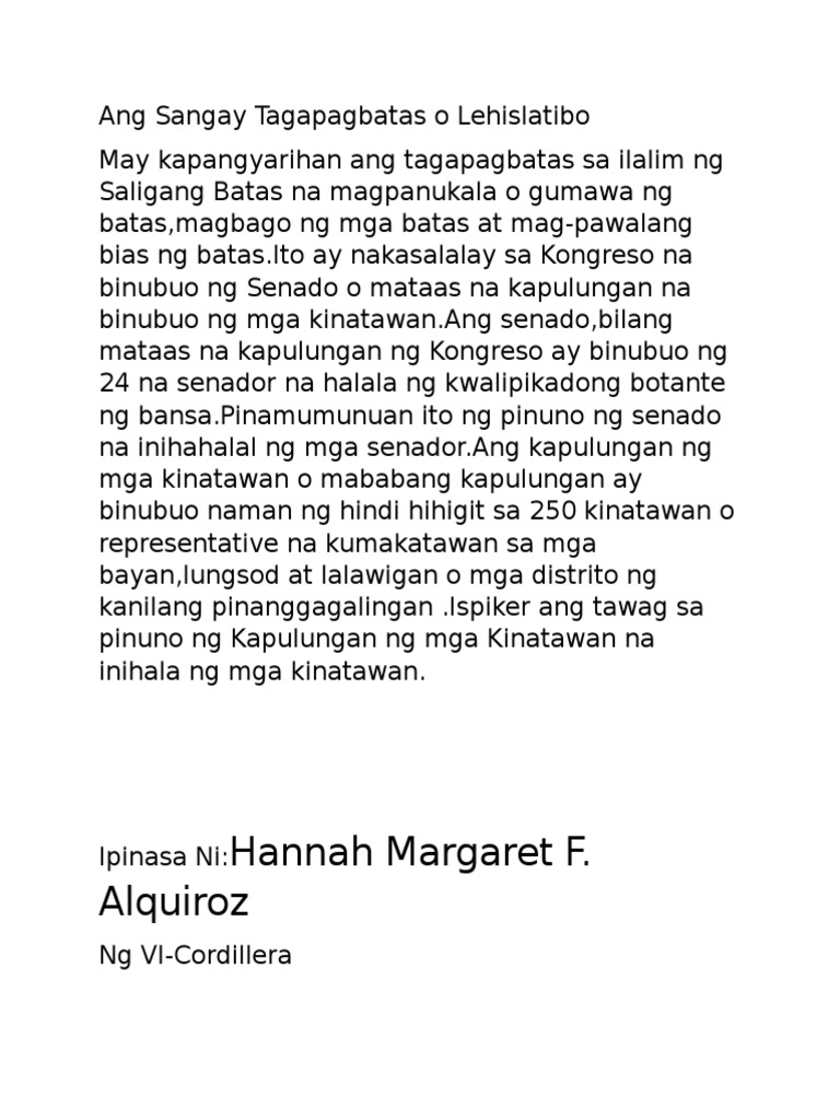 Ang Sangay Tagapagbatas o Lehislatibo | PDF