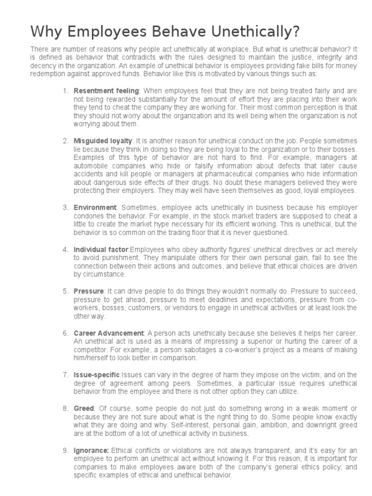 Reasons for Unethical Employee Behavior | PDF | Obedience (Human ...