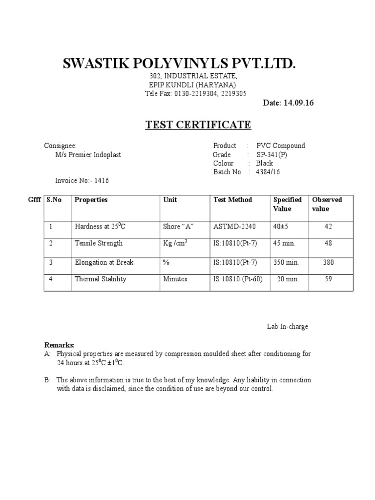 Swastik Polyvinyls PVT - LTD.: Test Certificate | PDF