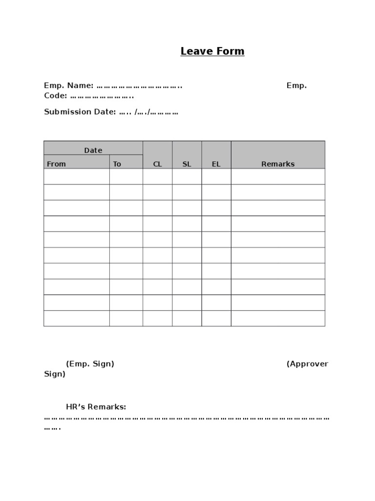 Leave Form: Emp. Name: .. Emp. Code: .. Submission Date: .. / . | PDF ...