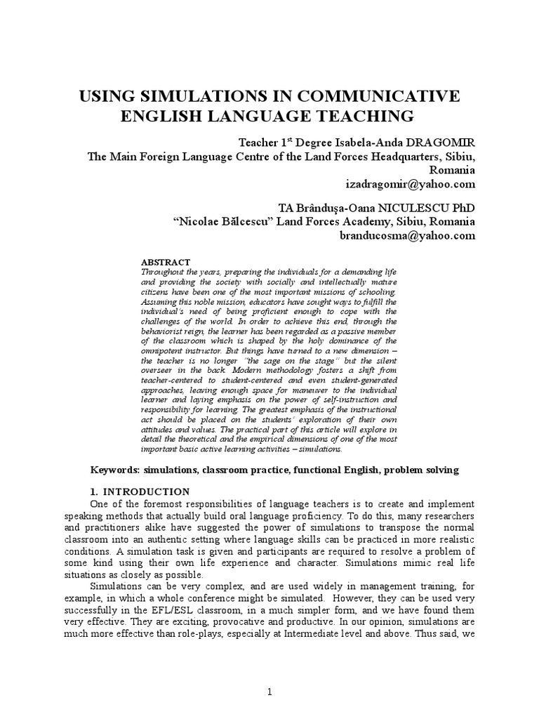 USING SIMULATIONS IN COMMUNICATIVE ENGLISH LANGUAGE TEACHING - Buletin Aca | PDF | Simulation ...