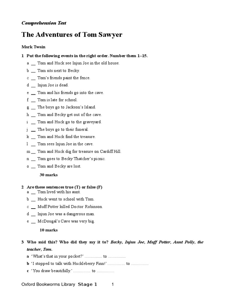 Tom Sawyer Quiz for ESL Students | PDF | The Adventures Of Tom Sawyer