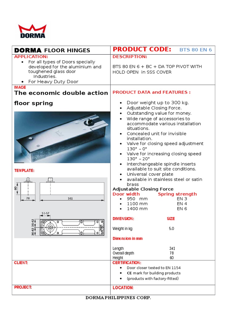 DORMA Floor Hinge Product Specifications and Features for Heavy Duty ...
