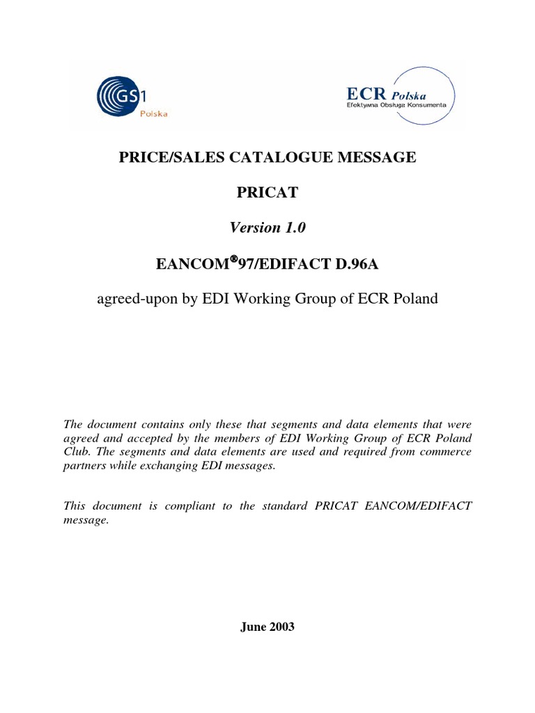 Price/Sales Catalogue Message Pricat: Agreed-Upon by EDI Working Group of ECR Poland | PDF ...
