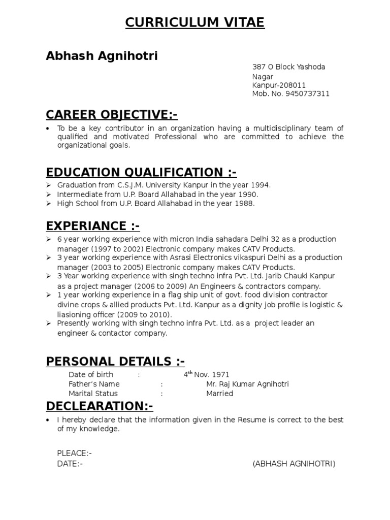 Curriculum Vitae: Abhash Agnihotri | PDF