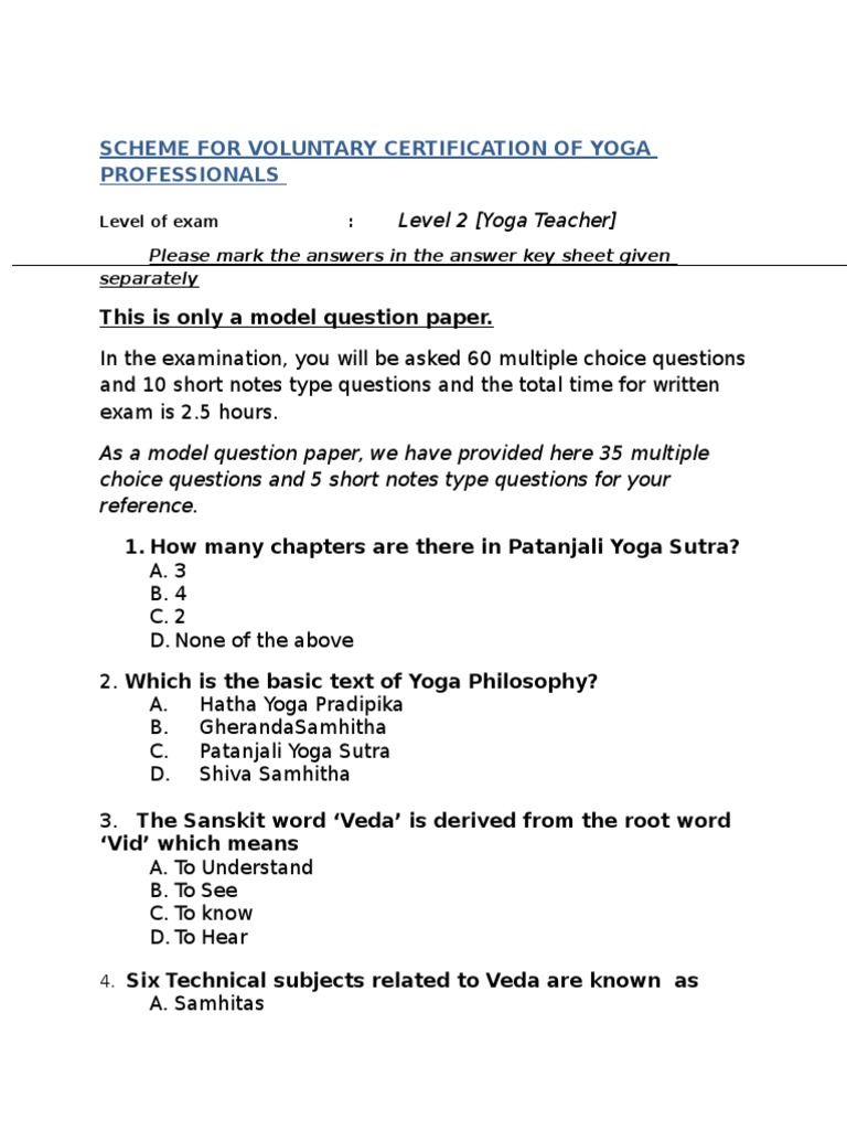 Yoga Teacher Level 2 Model Paper | PDF