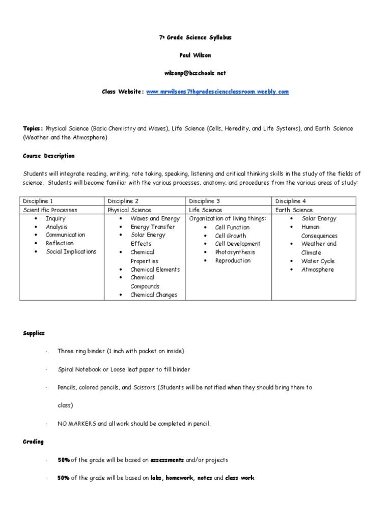 7th Grade Science Syllabus | PDF | Homework | Science