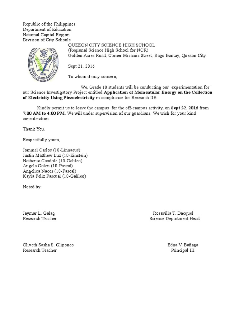 Science Project Permission Request | PDF