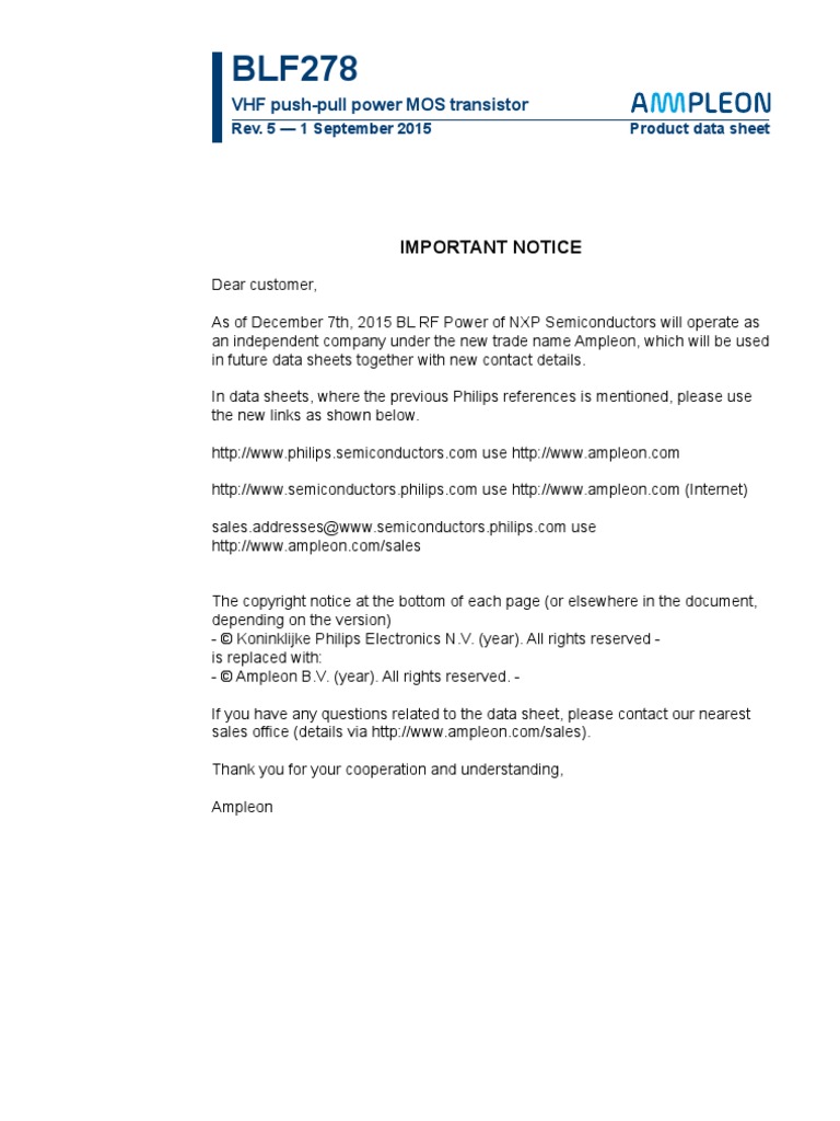 BLF278 Wideband RF Power Mosfet | PDF | Amplifier | Field Effect Transistor
