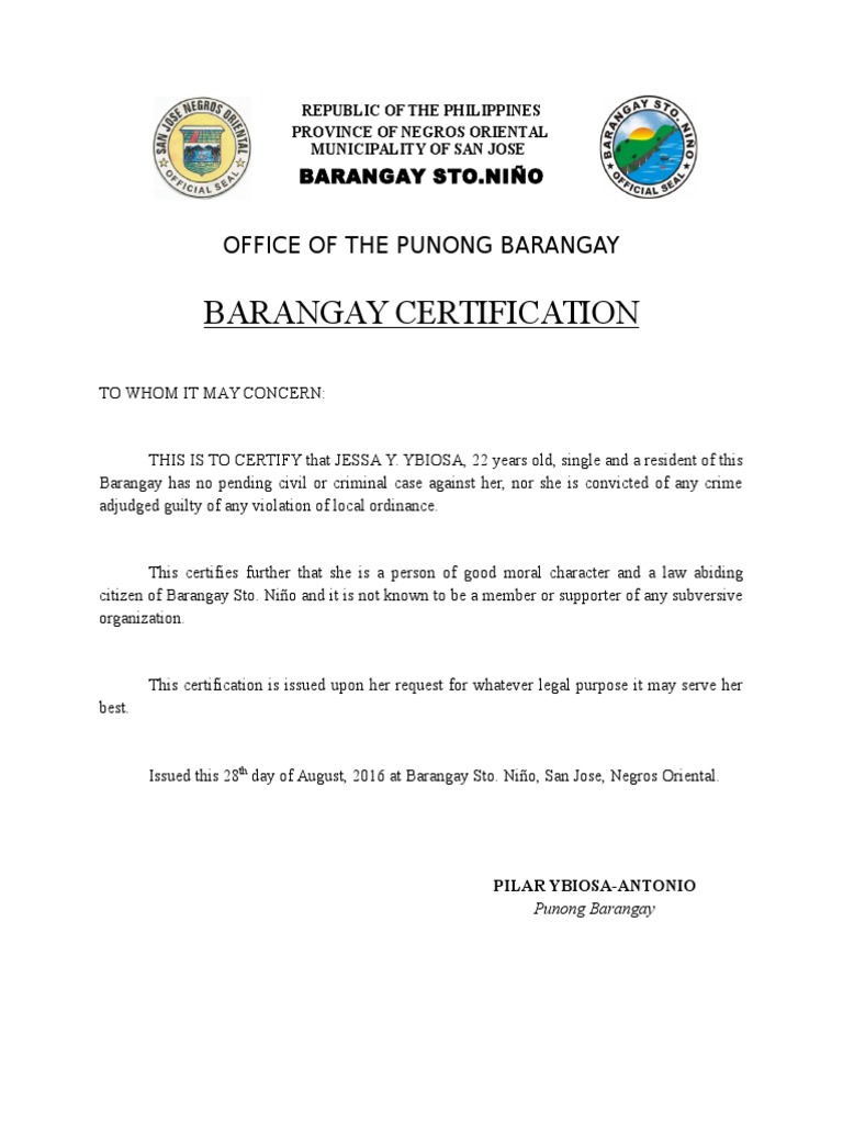 Barangay Certification Ybiosa, Jessa | PDF