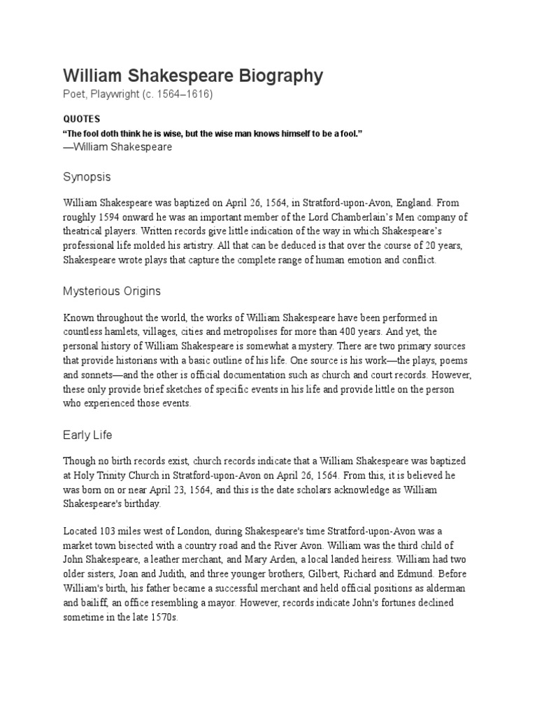 William Shakespeare Biography: Synopsis | PDF | William Shakespeare ...