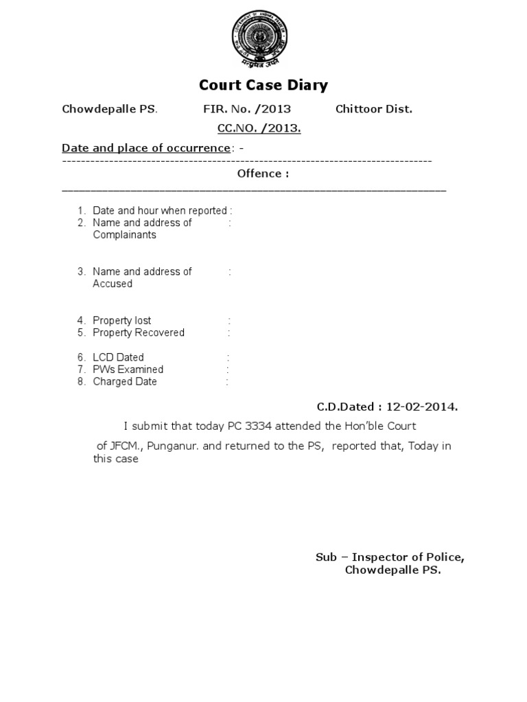 Court Case Diary Documenting a Police Investigation in Chowdepalle ...