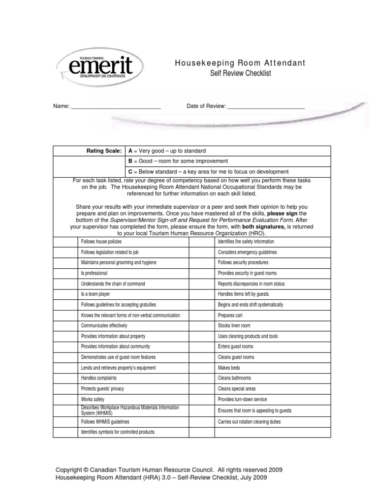 Housekeeping Room Attendant: Self Review Checklist | Download Free PDF ...