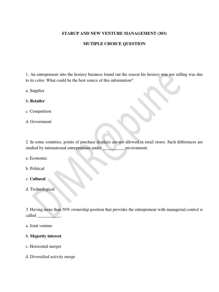 MCQ For SNVM PDF | Download Free PDF | Entrepreneurship | Venture Capital