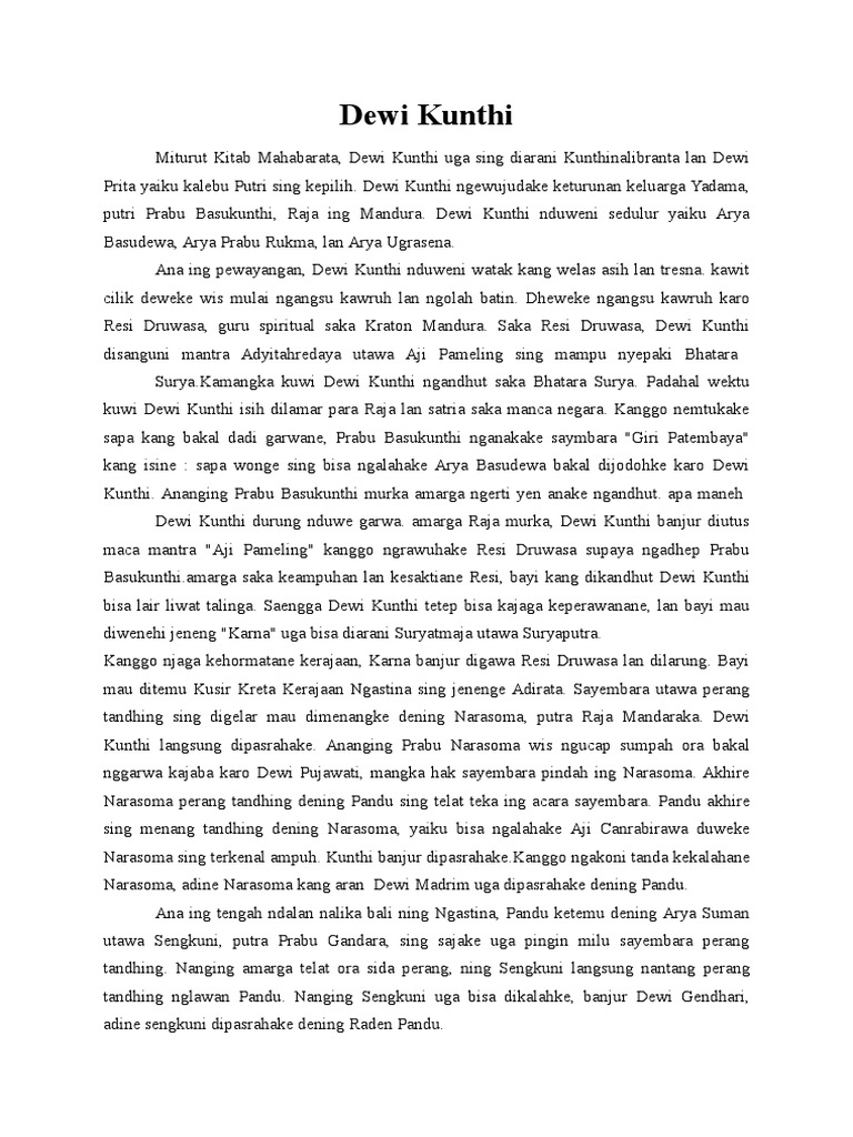 Cerita Wayang Dewi Kunthi Dalam Bahasa Jawa | PDF
