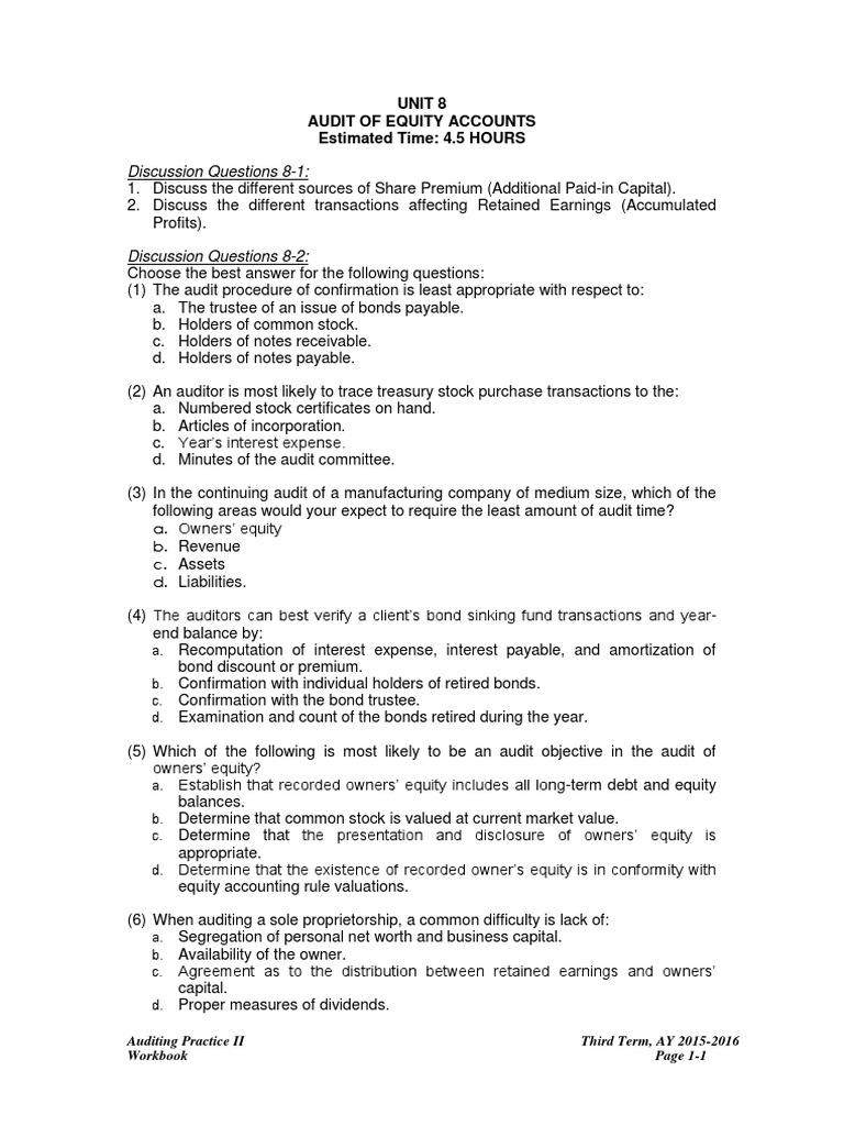 Discussion Questions 8-1:: Unit 8 Audit of Equity Accounts Estimated ...