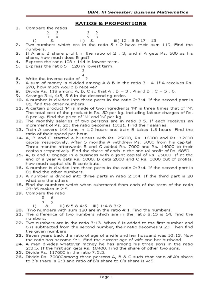 Ratios & Proportions: BBM, III Semester: Business Mathematics | PDF ...