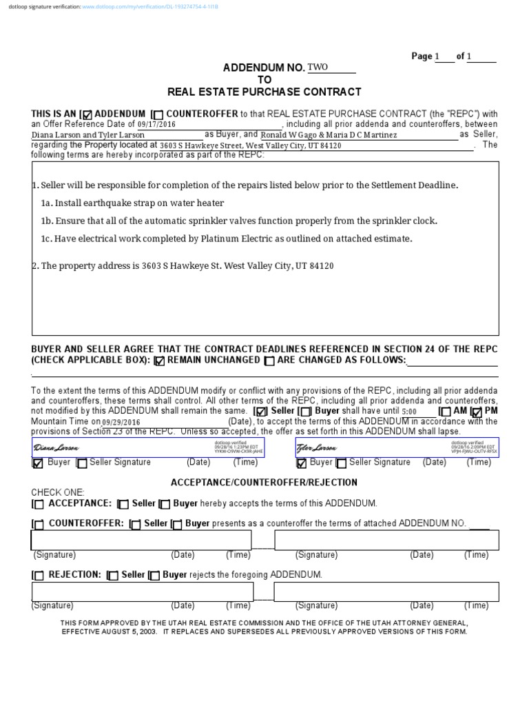 Addendum No. TO Real Estate Purchase Contract | PDF