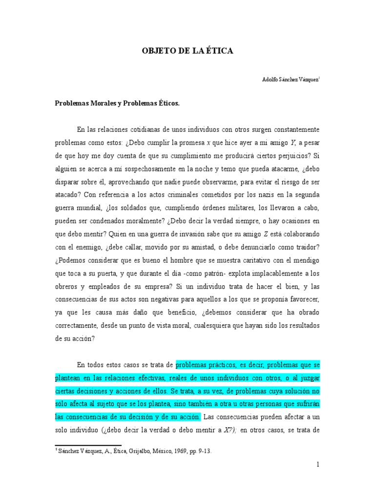 Objeto de La Ética. Adolfo Sánchez V Subrrayado. | PDF | Moralidad | Teoría