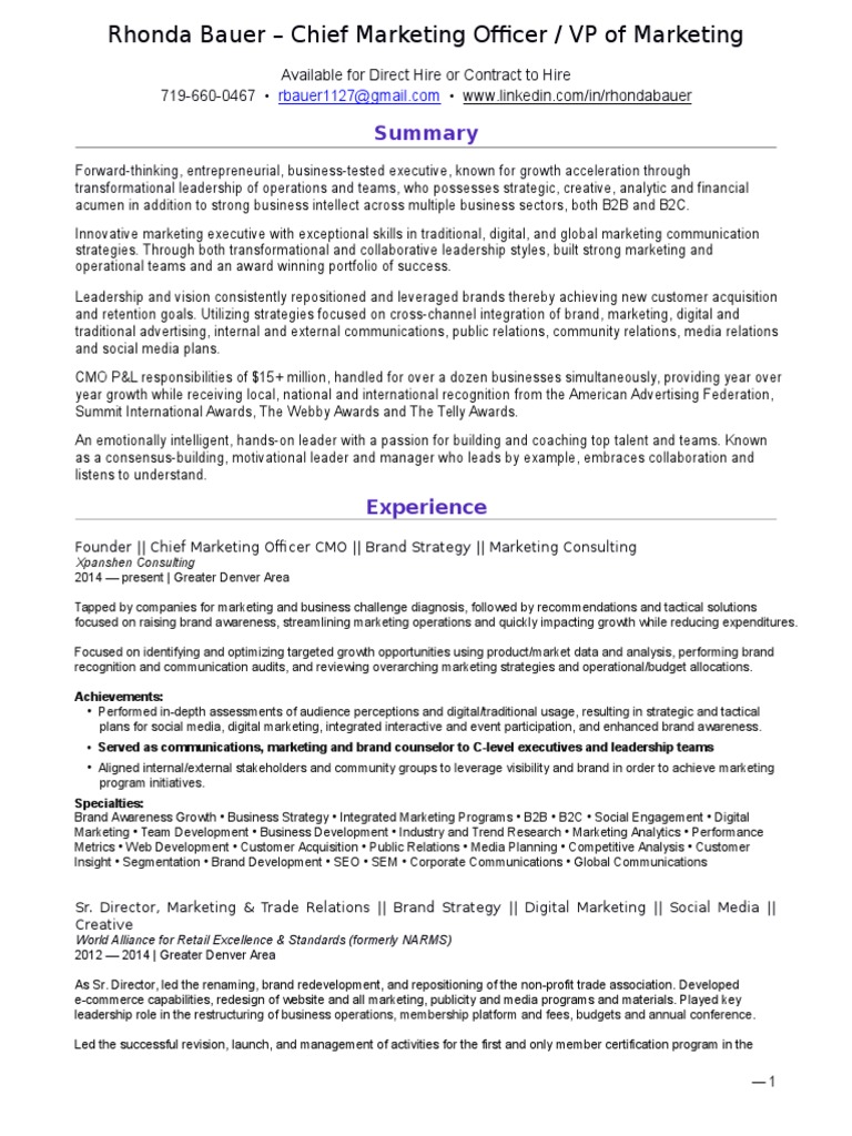 Chief Marketing Officer CMO in Denver, CO Resume.doc | Strategic ...