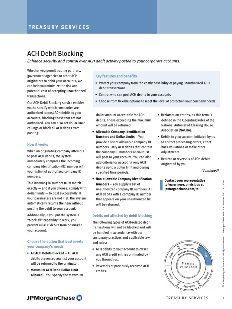 ACH Debit Blocking Product Sheet | Chase Bank | Automated Clearing House