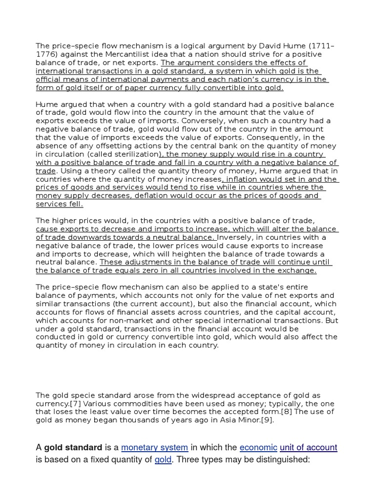 Hume's Price-Specie Flow Mechanism | PDF | Gold Standard | Money