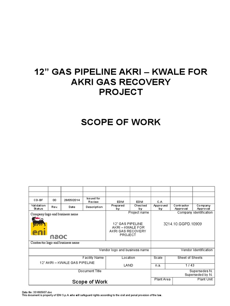 Appendix D Scope of Work Pipeline | PDF | Specification (Technical ...