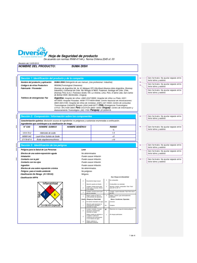 Suma Dish Msds 188730 | PDF | Agua | Residuos
