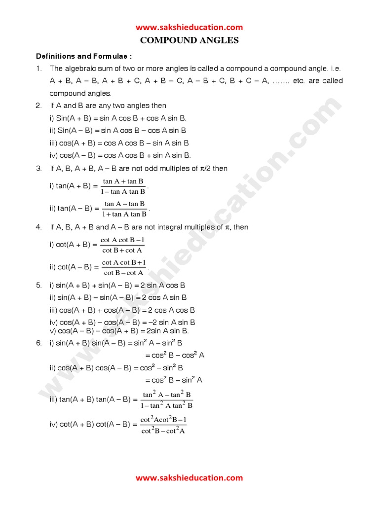 Compound Angles: Definitions and Formulae | PDF | Sine | Trigonometric ...