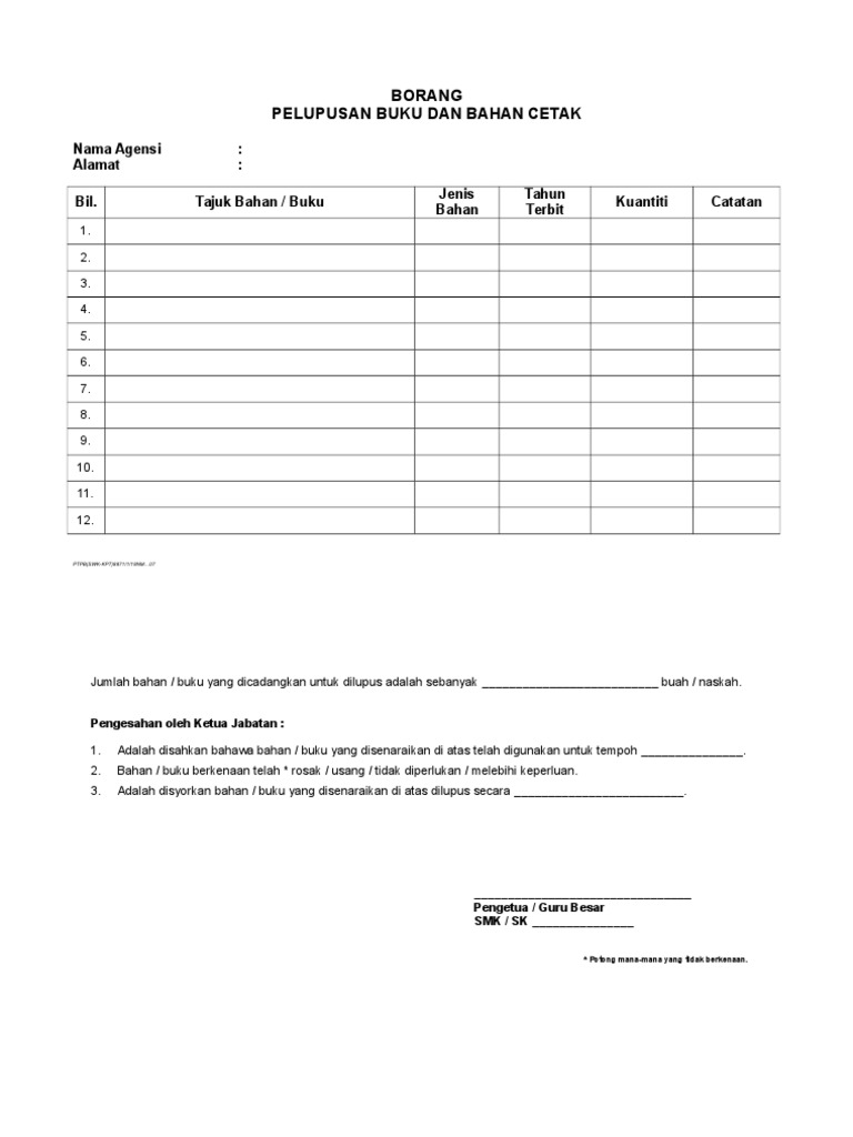 Borang Pelupusan Buku Dan Bahan Cetak Di Pss | PDF