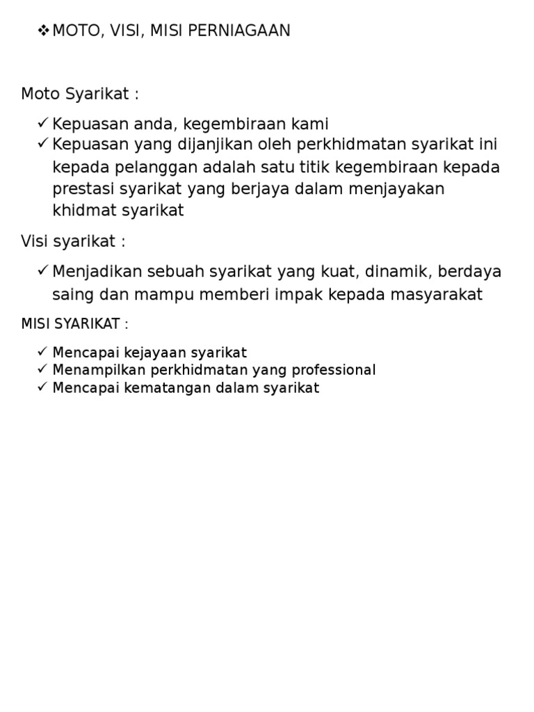 Moto, Visi, Misi Perniagaan | PDF