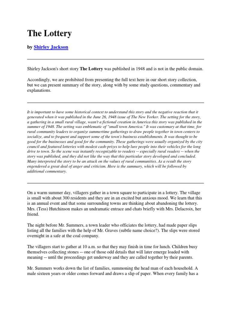 The Lottery: Shirley Jackson | PDF | Social Science