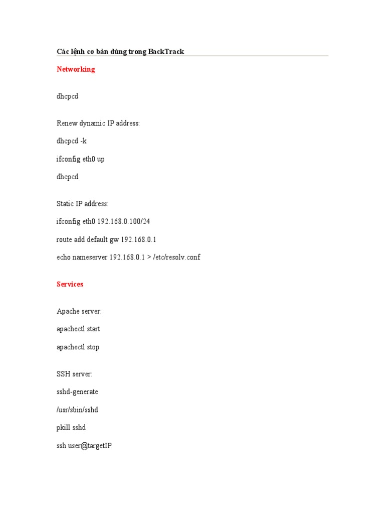 Các lệnh cơ bản dùng trong BackTrack | PDF | Computer Data | Computer Engineering