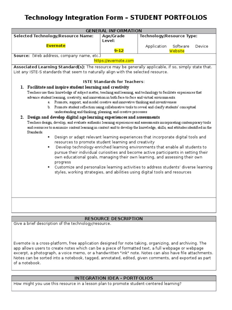 Technology Integration Form - STUDENT PORTFOLIOS: Facilitate and ...