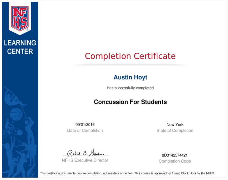 NFHS Concussion Course Completion Certificate | PDF