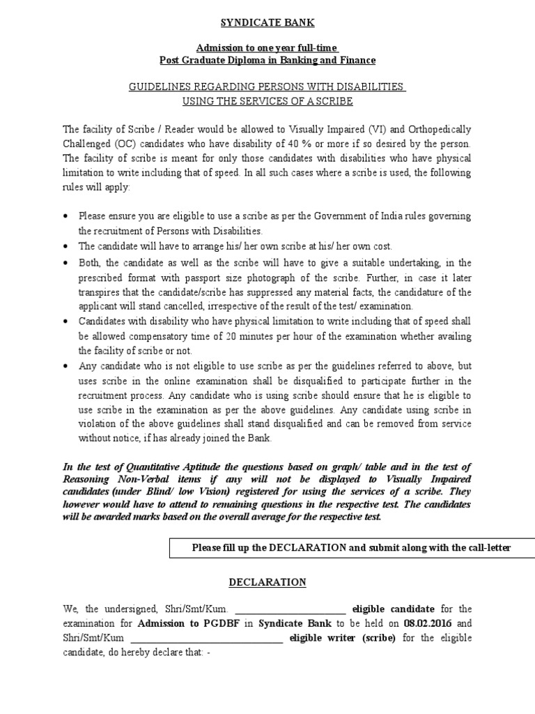 PGDBF Scribe Guidelines for Candidates | PDF | Visual Impairment | Test ...