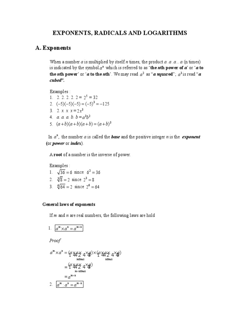 Exponents, Radicals and Logarithms | PDF | Logarithm | Fraction ...