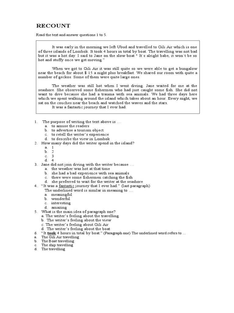 Recount: Read The Text and Answer Questions 1 To 5 | Download Free PDF ...