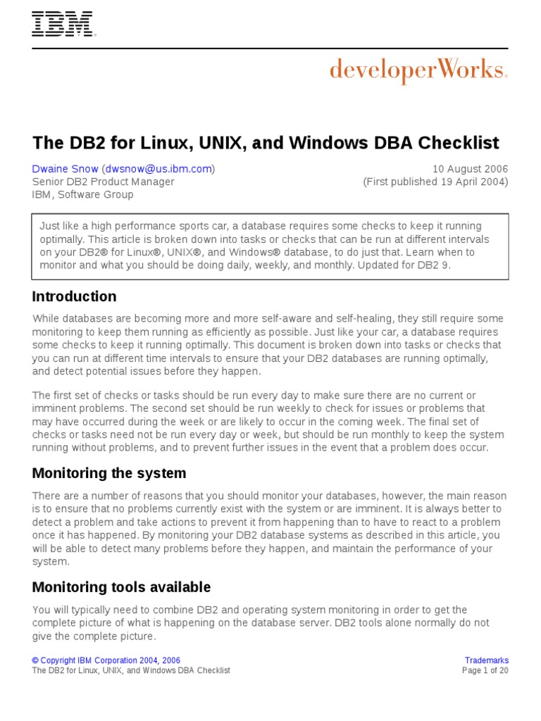 Db2 DBA Check List | PDF | Ibm Db2 | Database Index