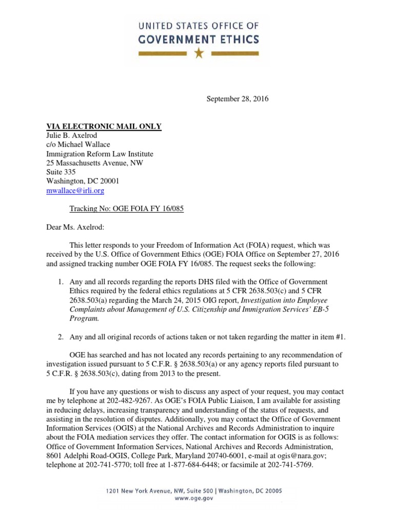 OGE FOIA FY 16-085 - Response Letter | Freedom Of Information Act ...