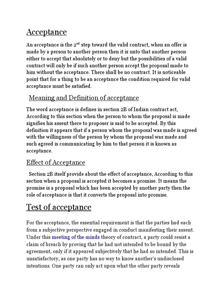 Acceptance: Meaning and Definition of Acceptance | PDF | Law Of ...