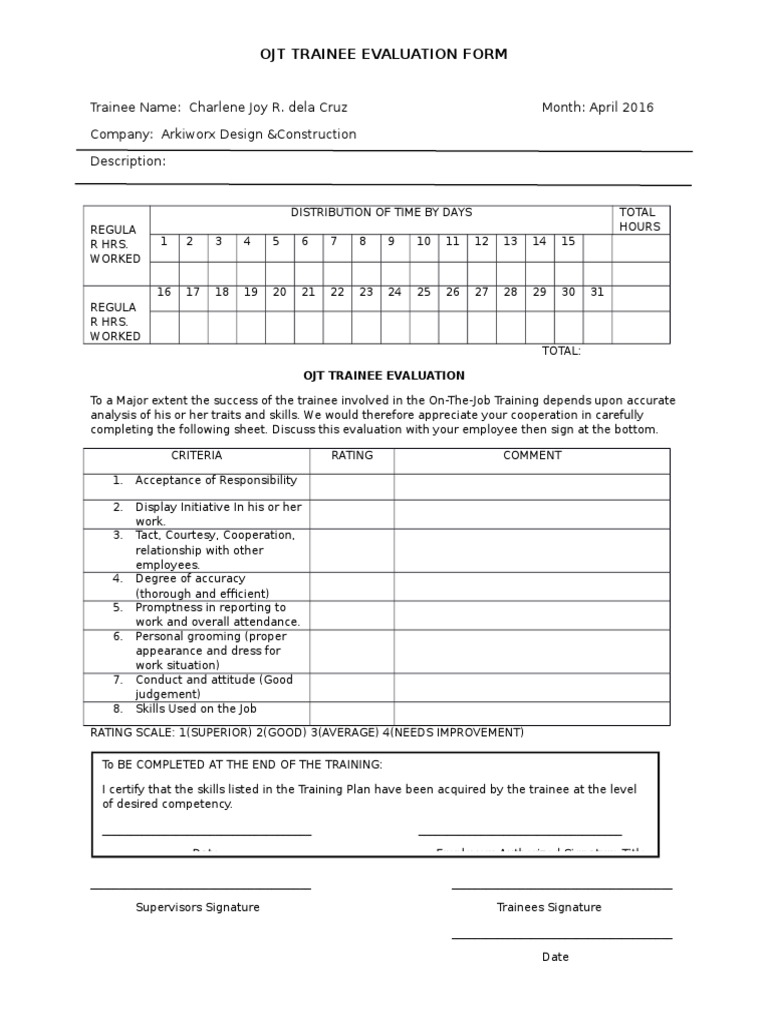 Ojt Trainee Evaluation Form | PDF | Competence (Human Resources) | Quality Of Life