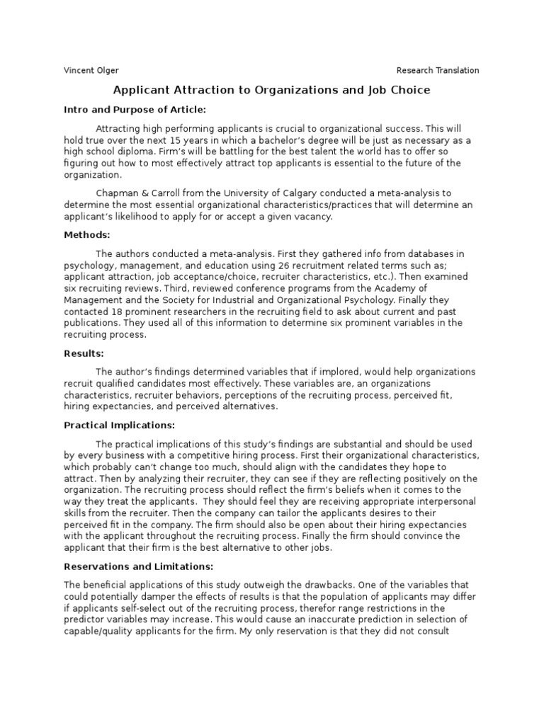 Applicant Attraction To Organizations and Job Choice: Intro and Purpose ...