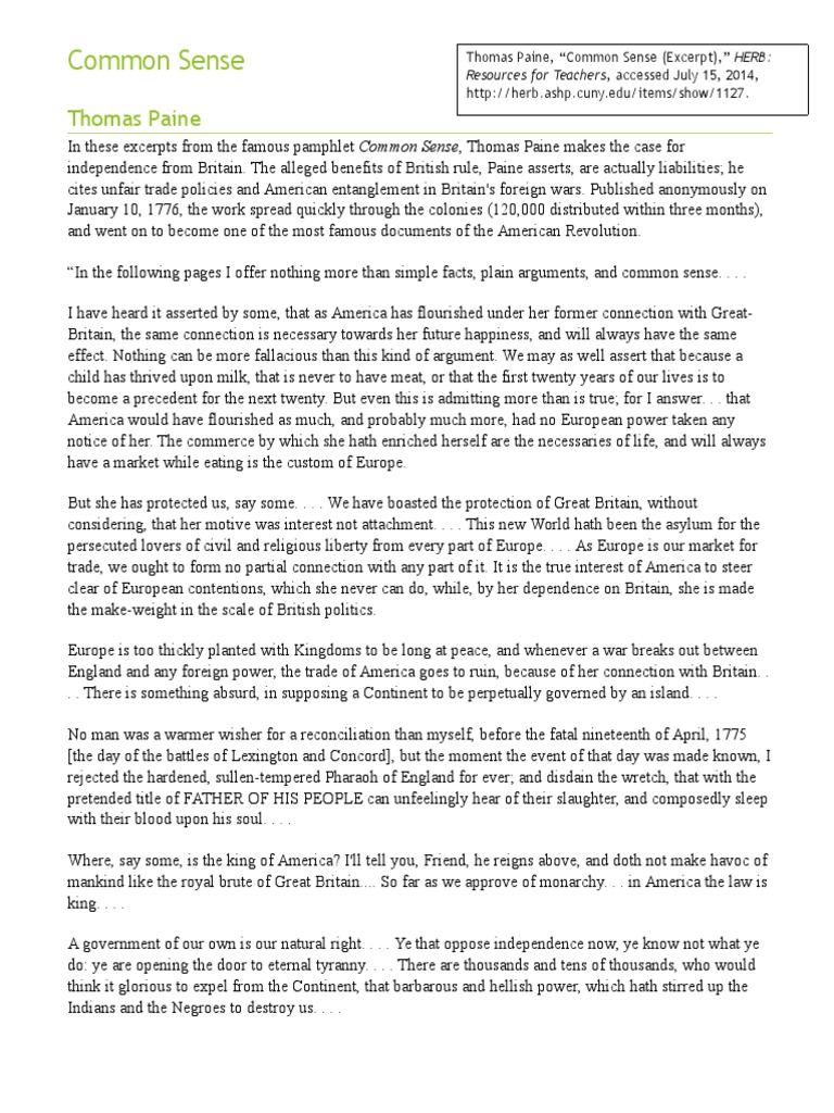 Common Sense: Thomas Paine | PDF | Thomas Paine | Politics (General)