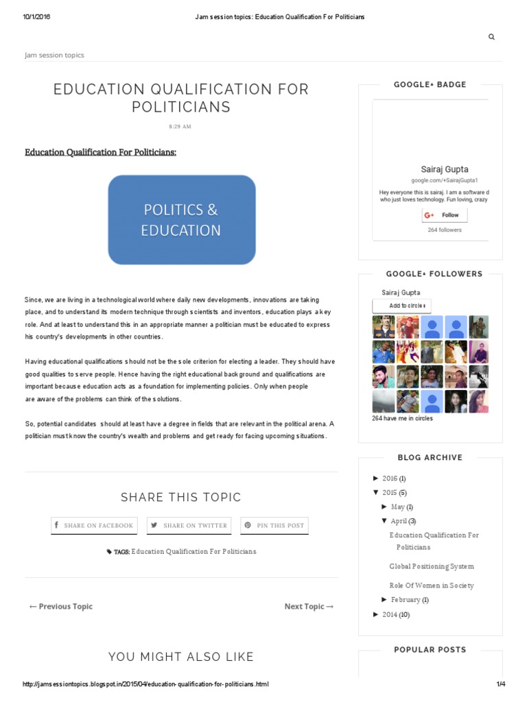 Jam Session Topics - Education Qualification For Politicians | PDF ...