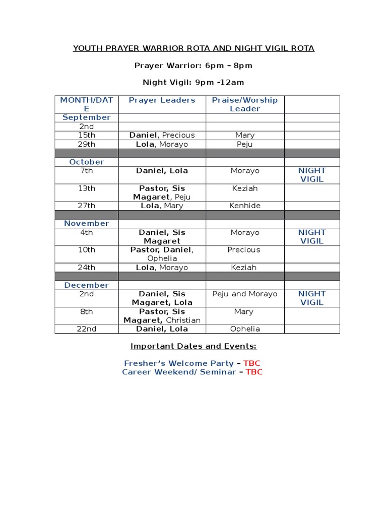 Youth Prayer Warrior Rota and Night Vigil Rota (Lola Lawal) | PDF