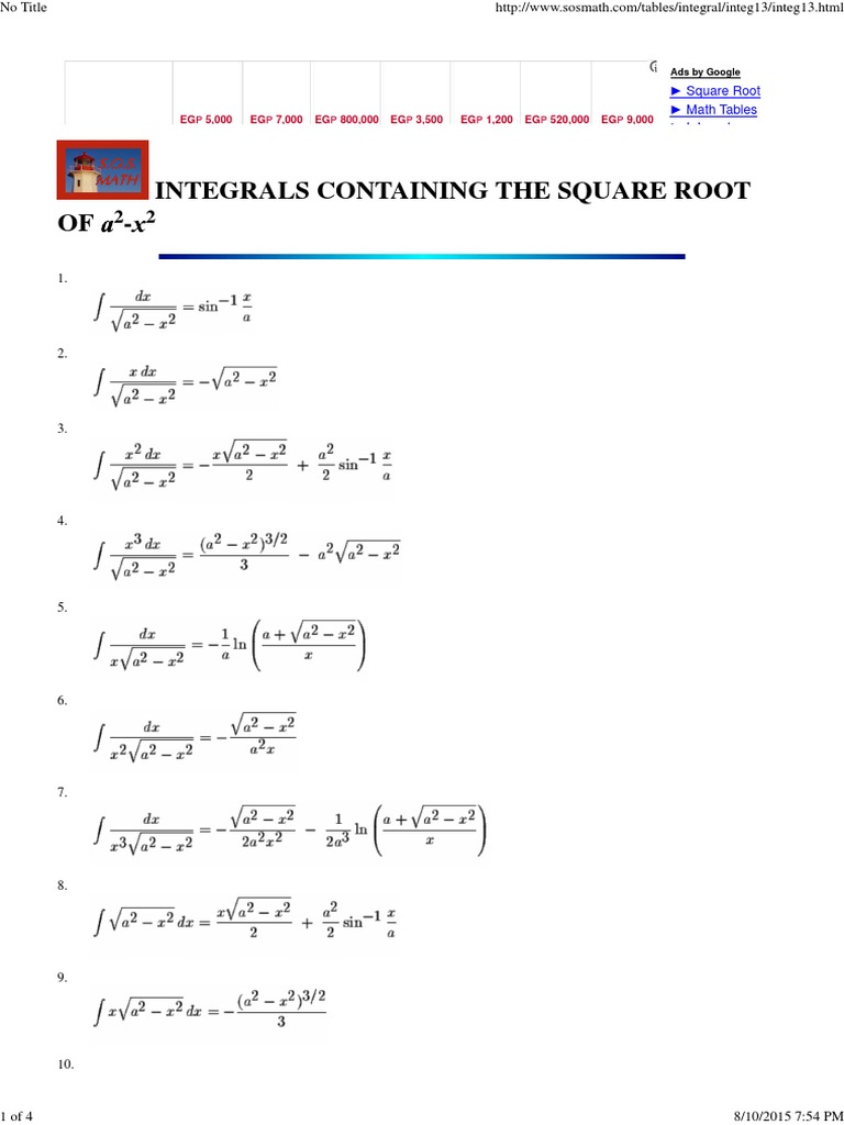 Integrals Containing The Square Root OF -: EGР 5,000 EGР 7,000 EGР ...