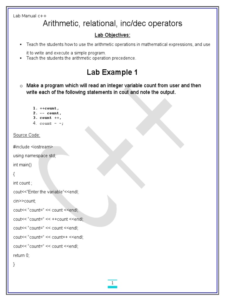 Arithmetic, Relational, Inc/dec Operators: Lab Example 1 | PDF