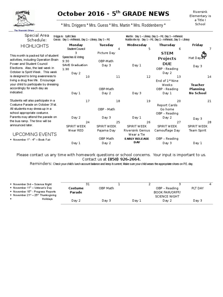 October 2016 - 5 Grade News: Mrs. Driggers Mrs. Guess Mrs. Martin Mrs ...