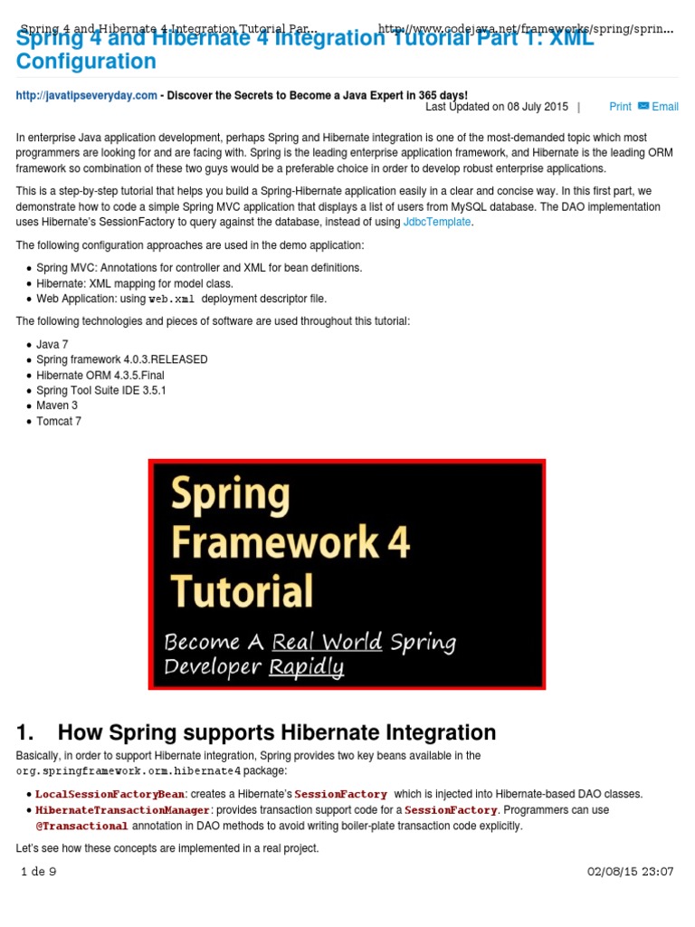 Spring 4 and Hibernate 4 Integration Tutorial Part 1 | PDF | Spring Framework | Java Servlet